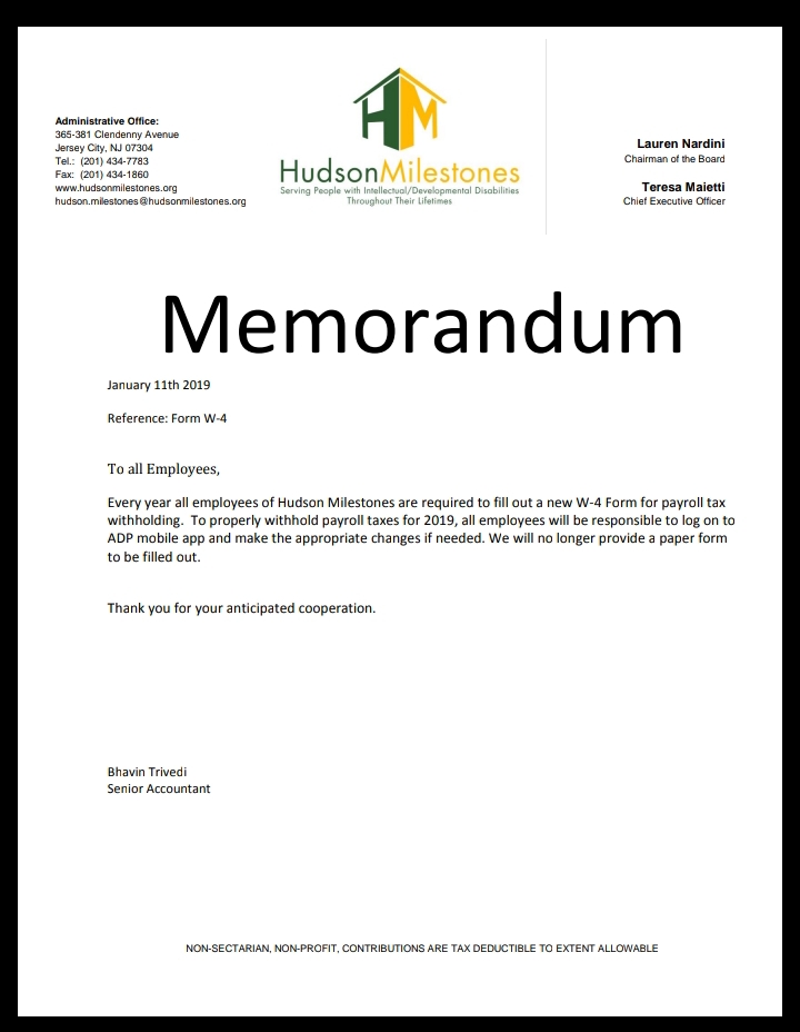W-4 Memorandum | Hudson Milestones